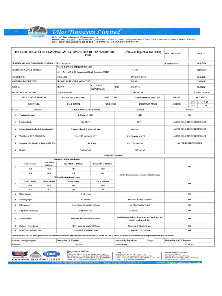 Test Certificate For Stamping/Laminations/Cores of Transformers (Para 3 ...