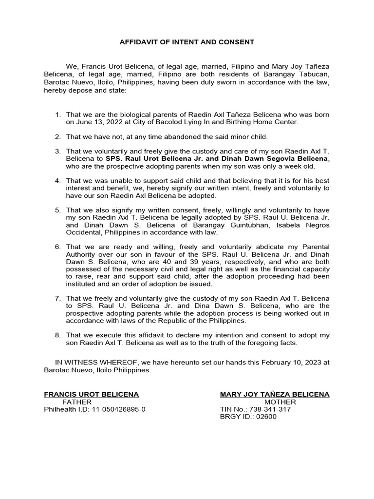AFFIDAVIT OF INTENT AND CONSENT-adoption | PDF | Parenting | Childhood