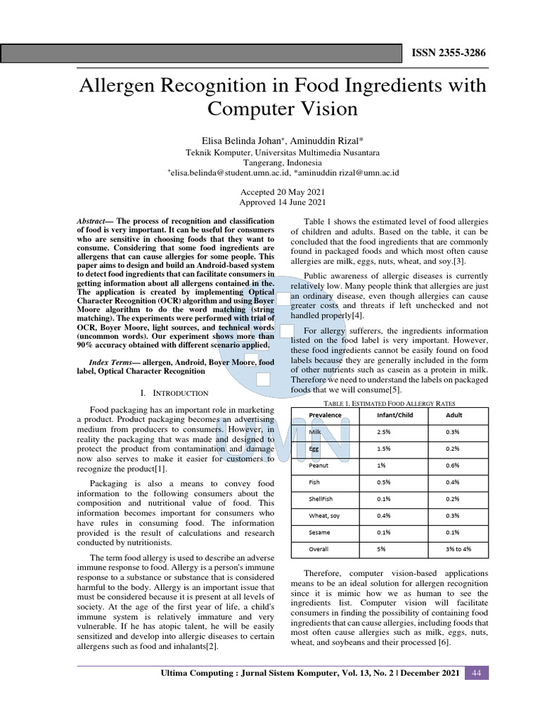 Allergen Recognition in Food Ingredients With Computer Vision | PDF ...