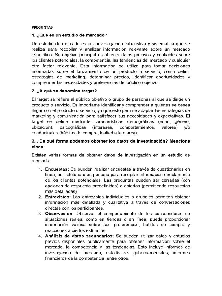 Preguntas Tarea 3 VALERY | PDF | Investigación de mercado | Mercado (economía)