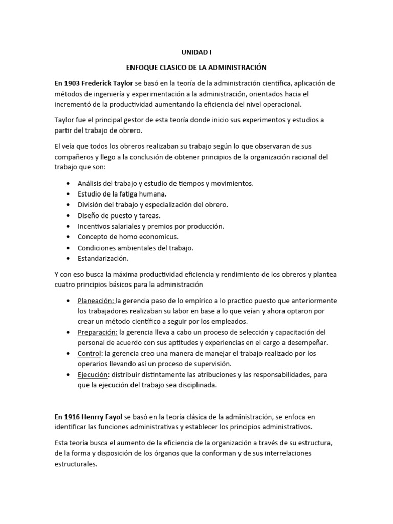 Unidad I Enfoque Clasico de La Admon | PDF | Economias | Business