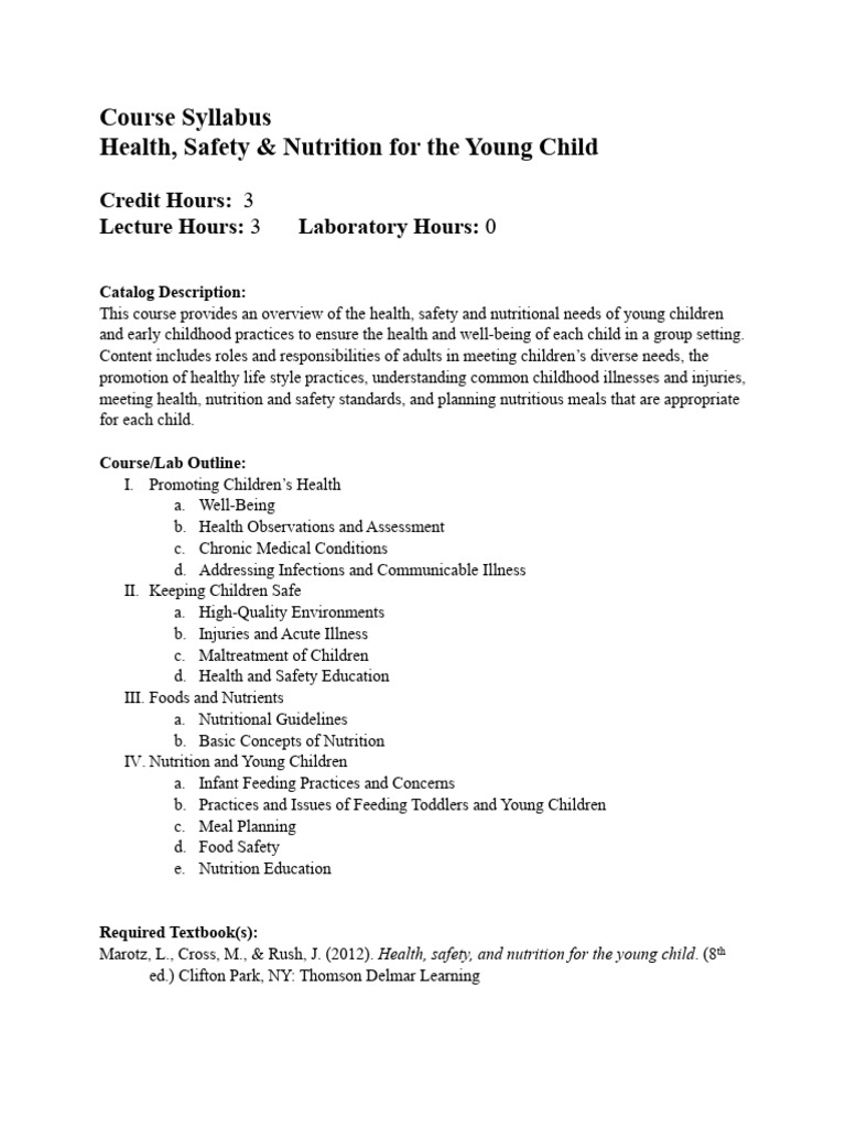 Course Syllabus Health, Safety & Nutrition For The Young Child | PDF
