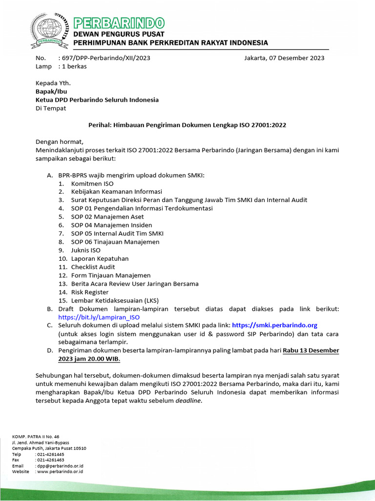 Surat Selindo Kelengkapan Dokumen ISO | PDF