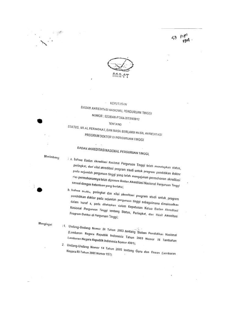 Akreditasi S3 PBA Dan S3 MPI Tahun 2012 | PDF
