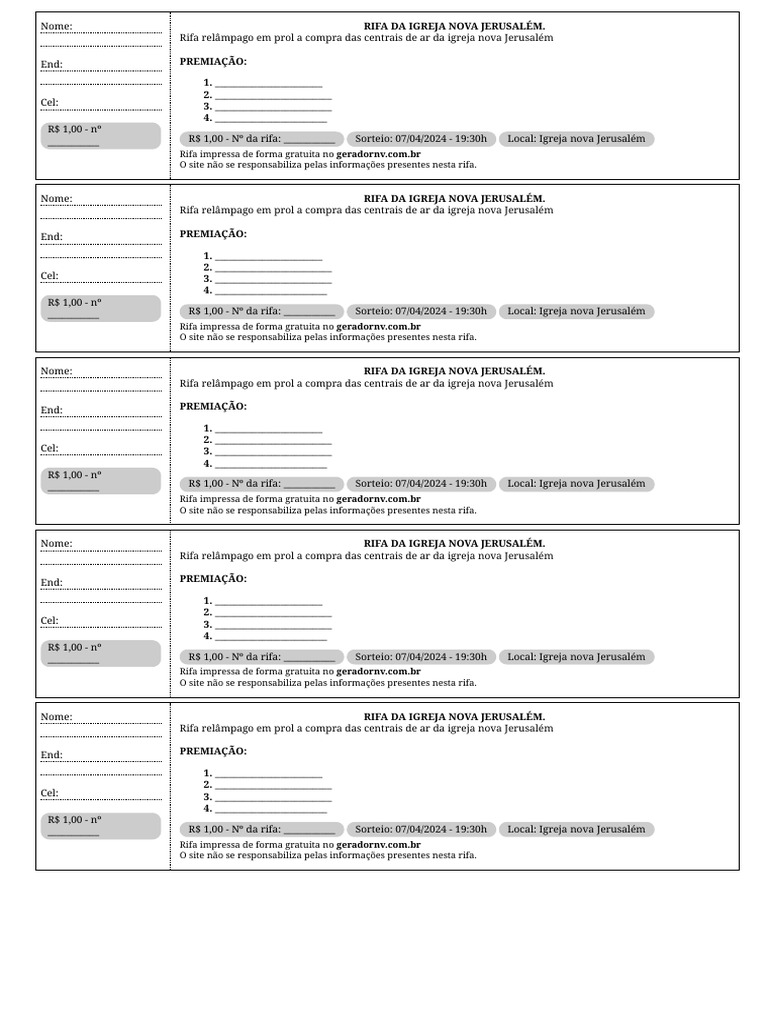 Imprimir Cartelas de Rifas - Gerador NV | PDF