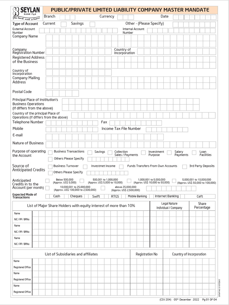 Company Account Opening Mandate Form | PDF | Payments | Banks