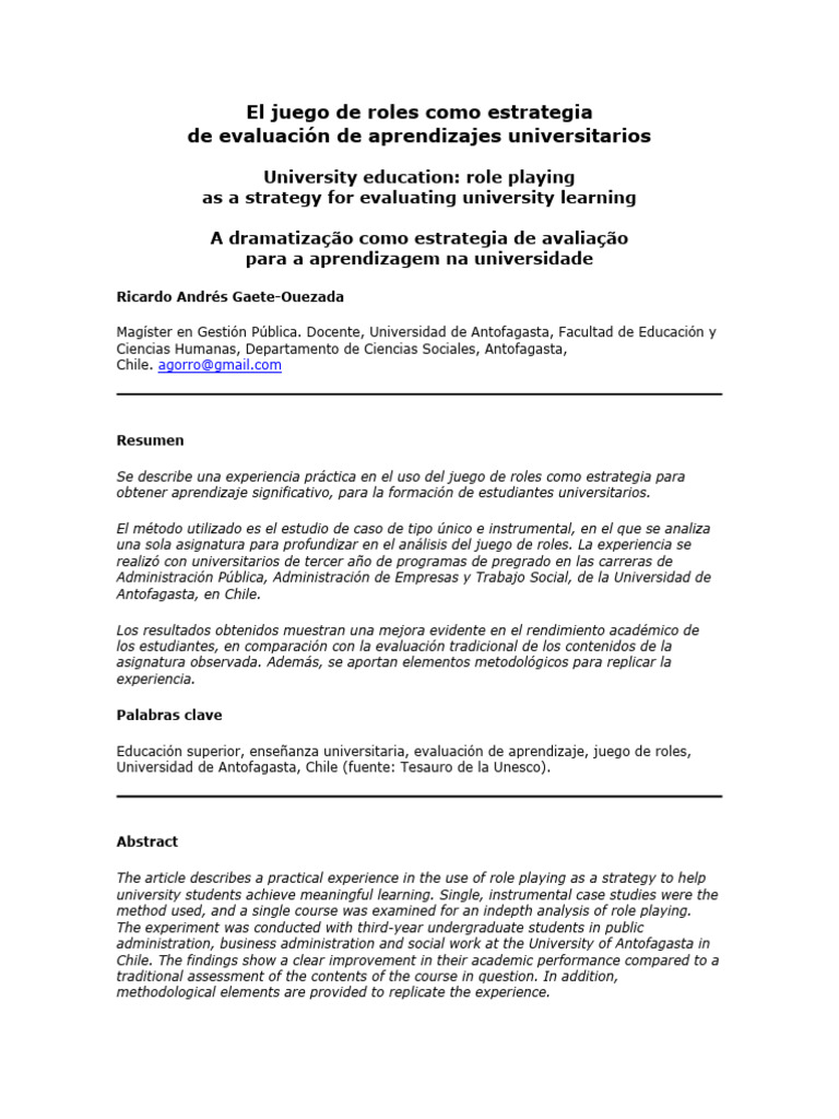 El Juego De Roles Como Estrategia Pdf Enseñando Aprendizaje 
