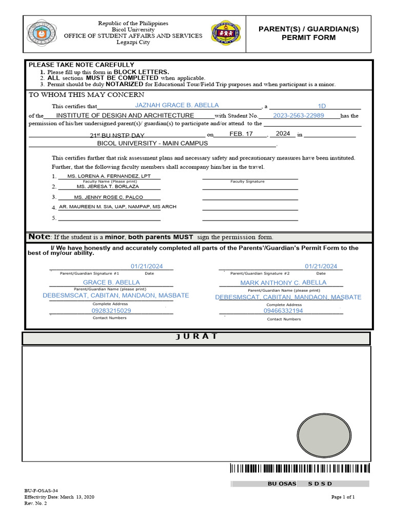 JURAT Form NSTP Day 2nd Sem | PDF
