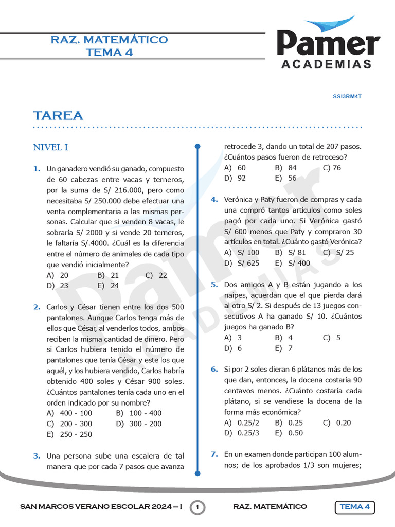 RM Verano Escolar 4 Tarea | PDF
