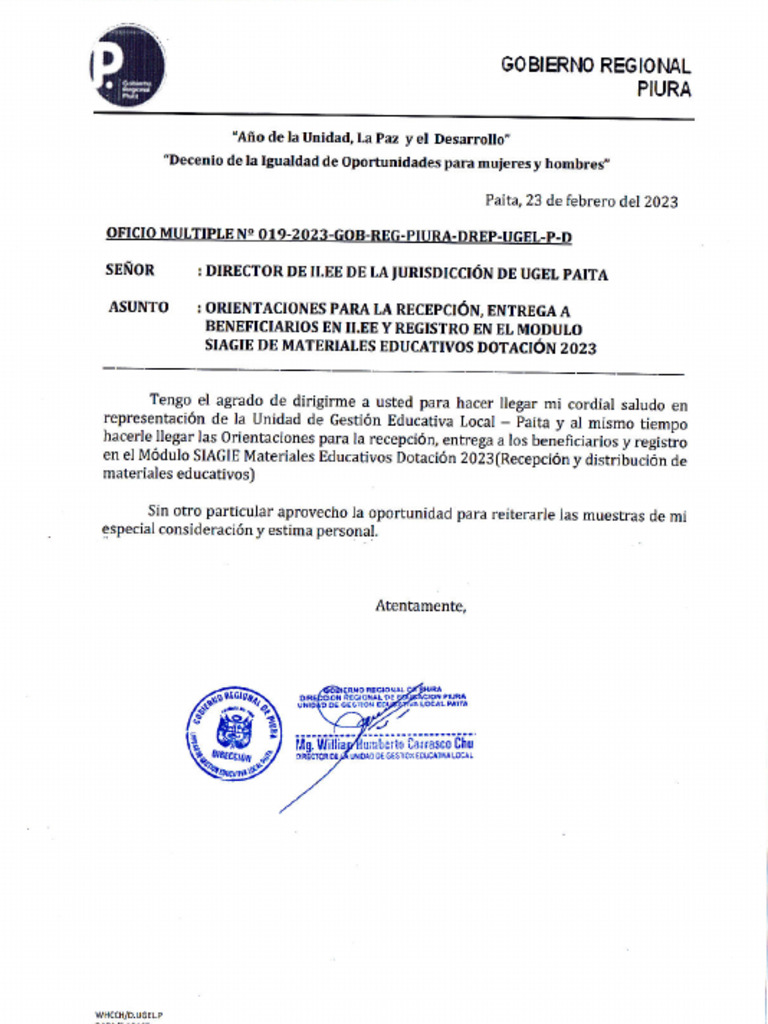 Oficio Multiple 019-2023 - Orientaciones A Director de II - EE. para Recepcion y Distribucion de ...