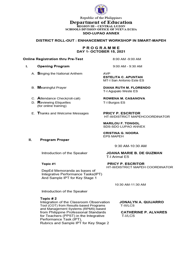 Mapeh Programme Day 1 3 | PDF