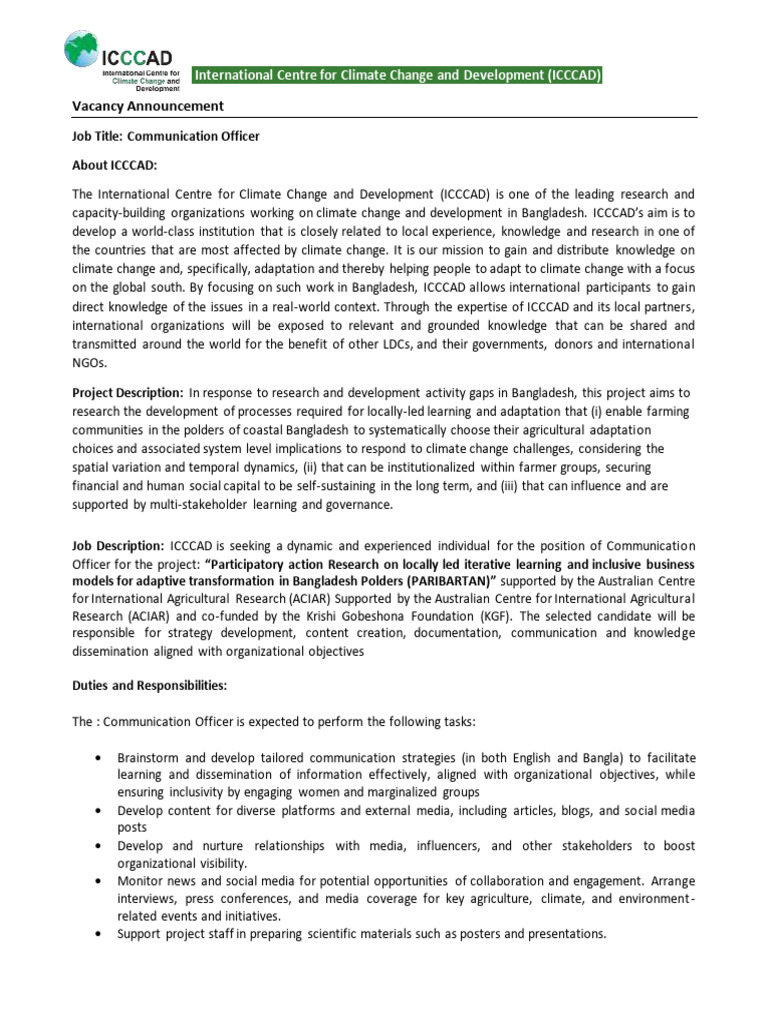 Communication Officer Job at ICCCAD | PDF | Public Relations ...