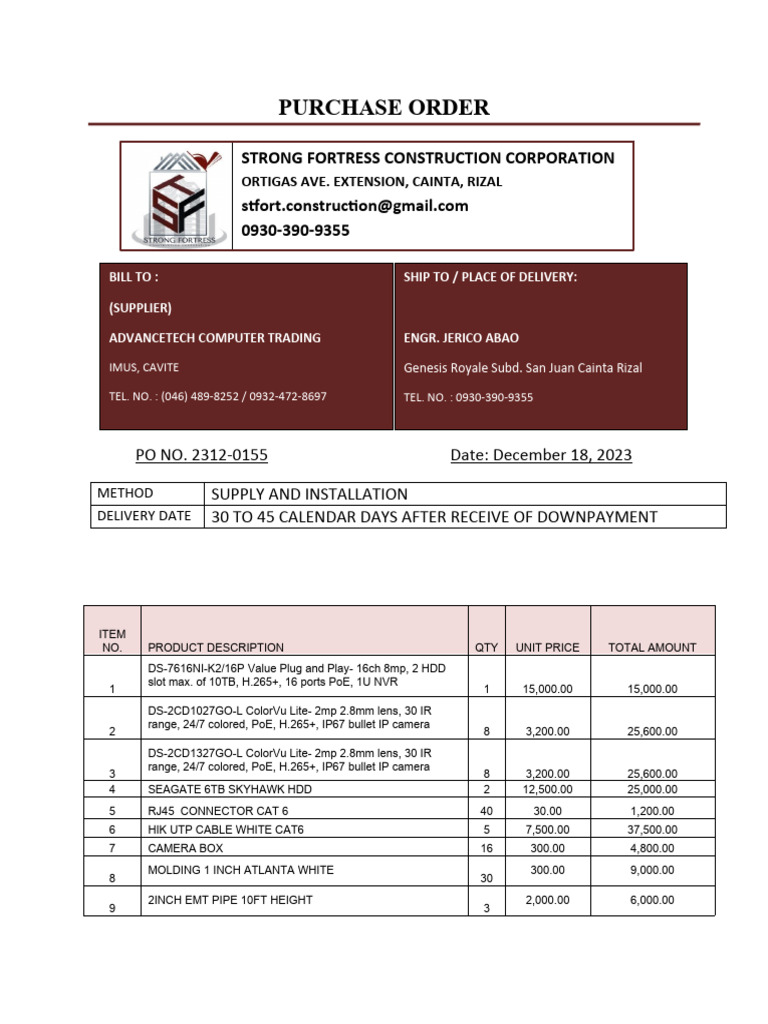 PURCHASE ORDER December 18, 2023 (Binakayan) | PDF | Computing | Electrical Engineering