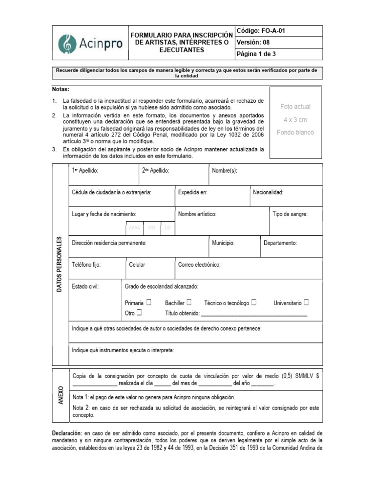 Form Inscripcion Artis | PDF | Colombia | Regulación