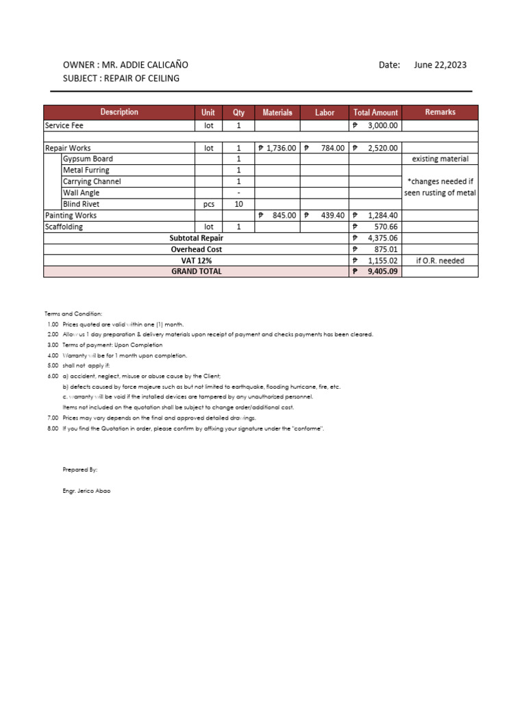Quotation Repair Ceiling | PDF