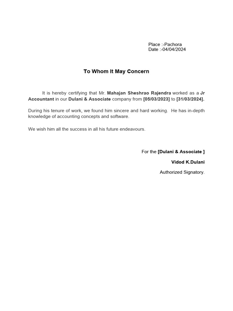 Accountant Experience Certificate 1 | PDF