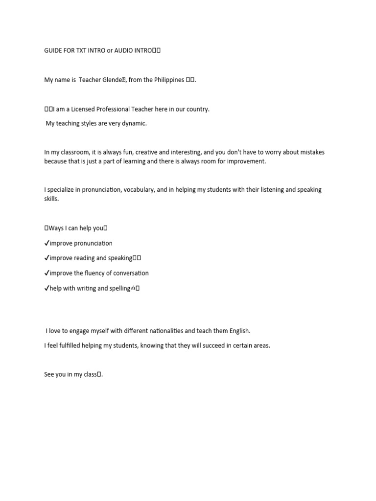 ESL Teacher Intro | PDF