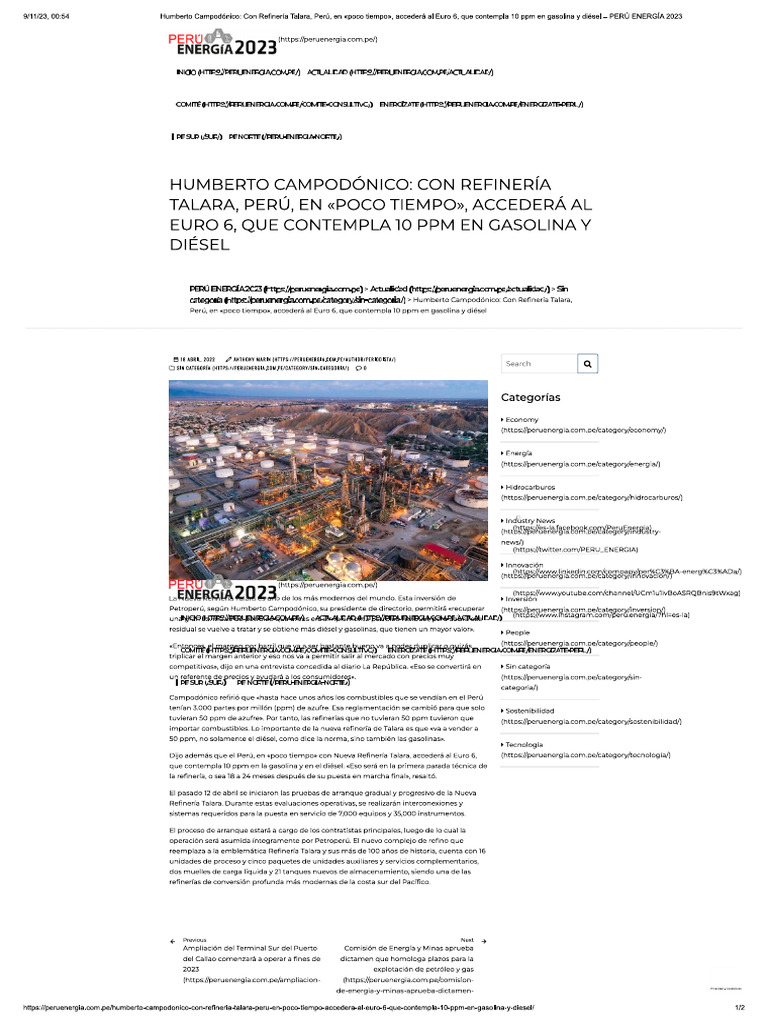 Humberto Campodónico_ Con Refinería Tal... gasolina y diésel – PERÚ ENERGÍA 2023 | PDF