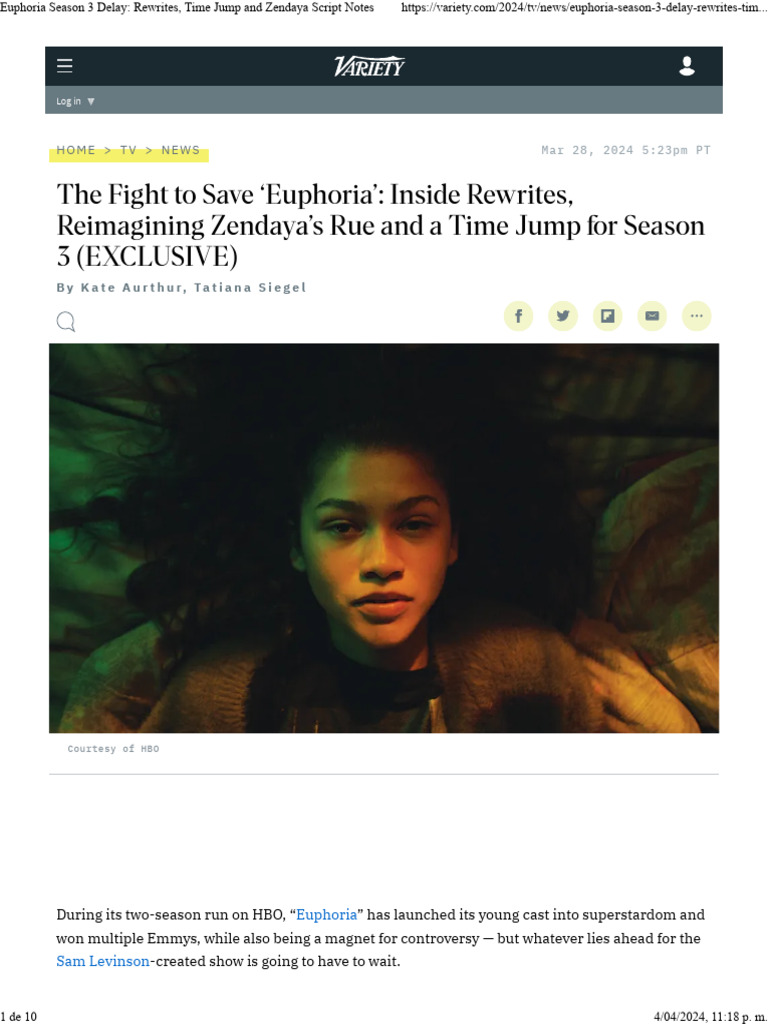 Euphoria Season 3 Delay Rewrites, Time Jump and Zendaya Script Notes | PDF