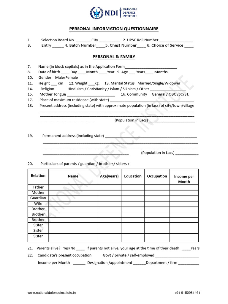 Ssb Piq-Form-personal Information Questionnaire | PDF | Qualifications ...