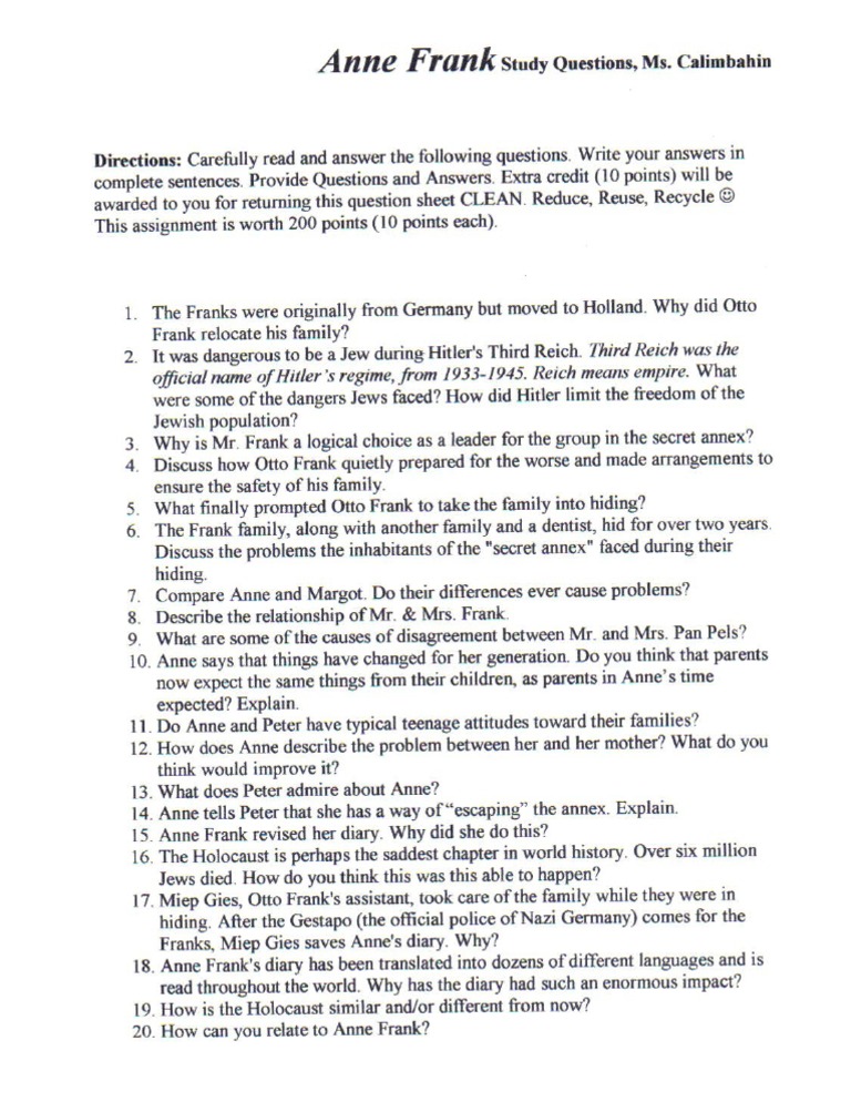 Anne Frank Study Questions | PDF