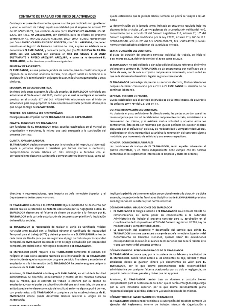 Contrato de Trabajo Por Inicio de Actividades | PDF | Derecho laboral | Factores humanos y ergonomía