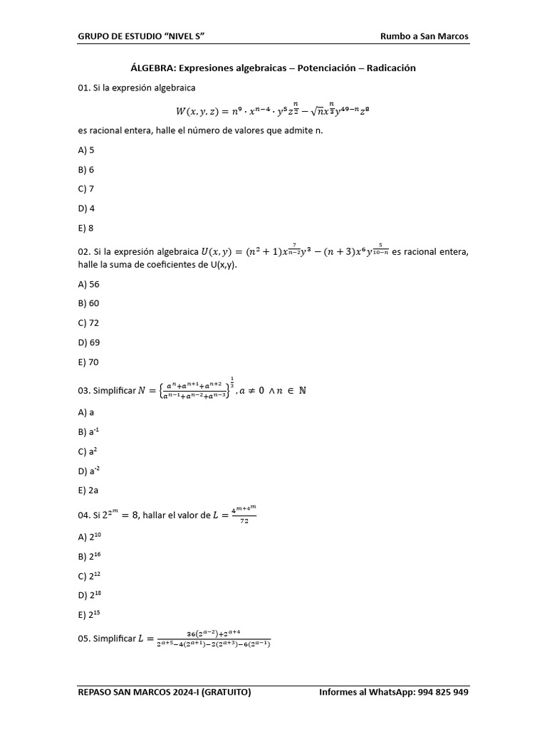 Álgebra - T1 RSM 2024-I (Gratuito) | PDF | Matemáticas