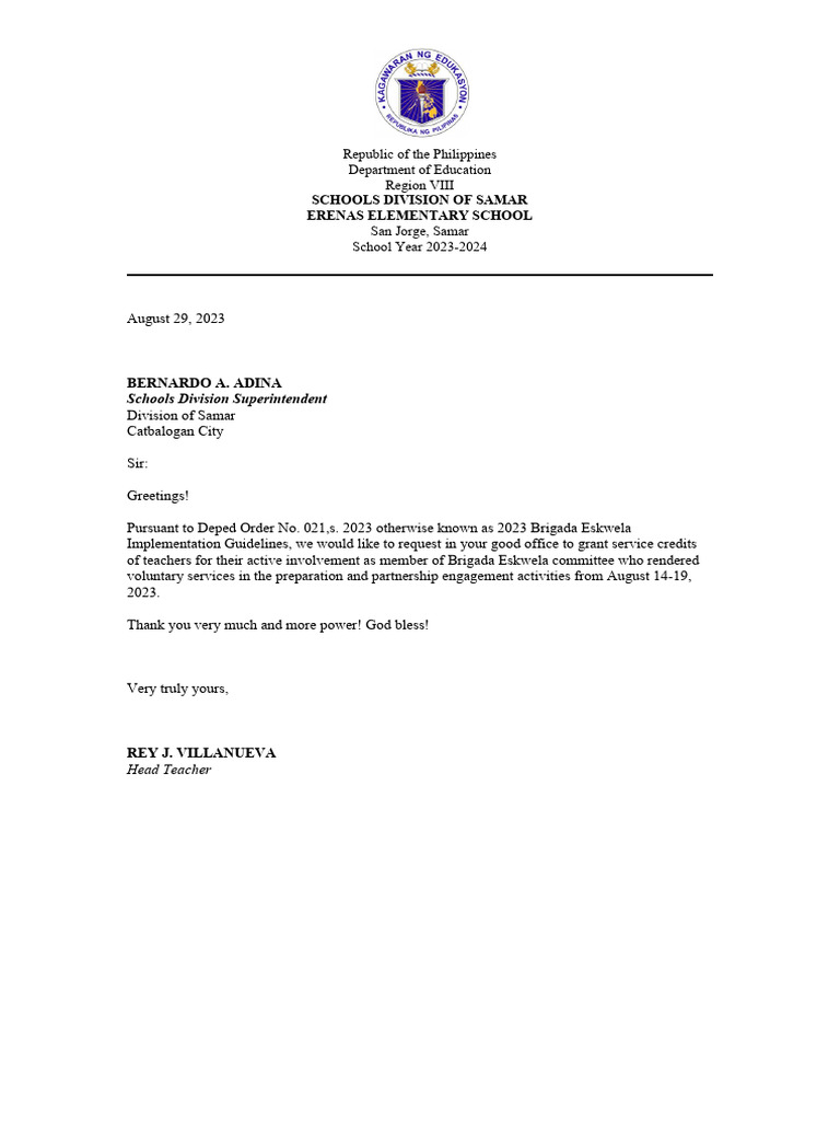 Letter of Intent Brigada Eskwela | PDF