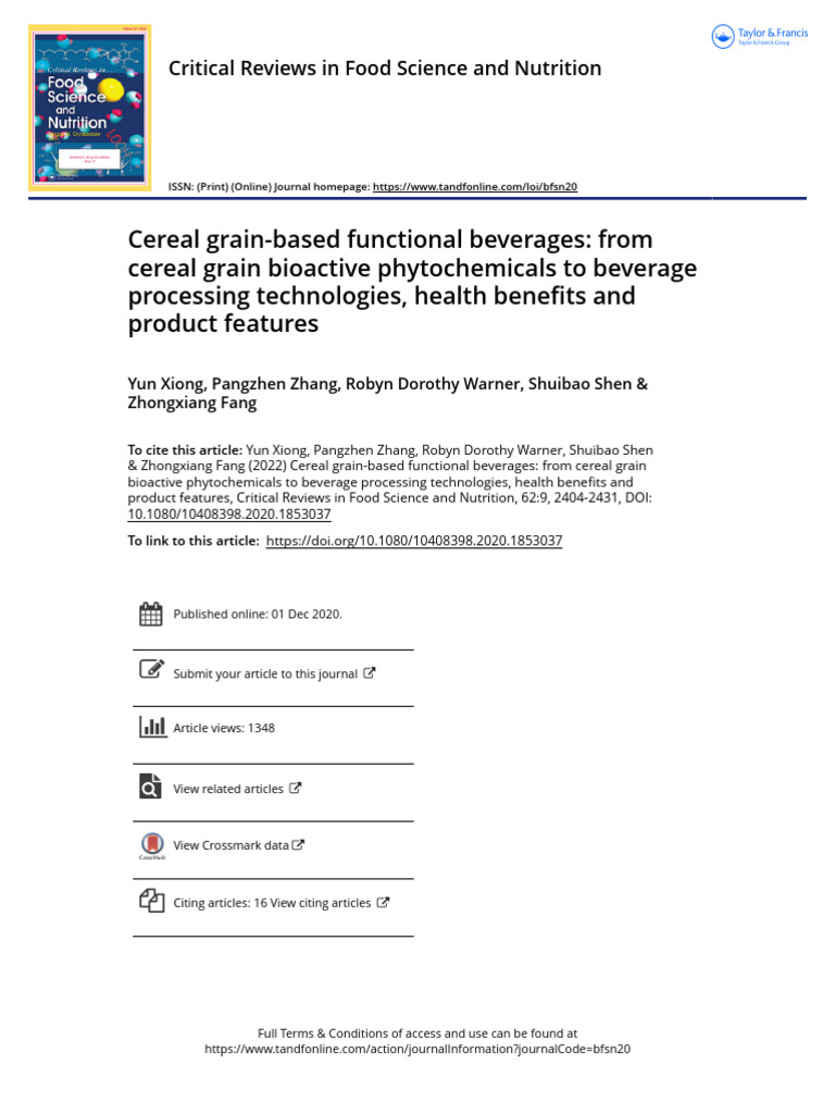 Cereal Grain-Based Functional Beverages From Cereal Grain Bioactive Phytochemicals To Beverage ...