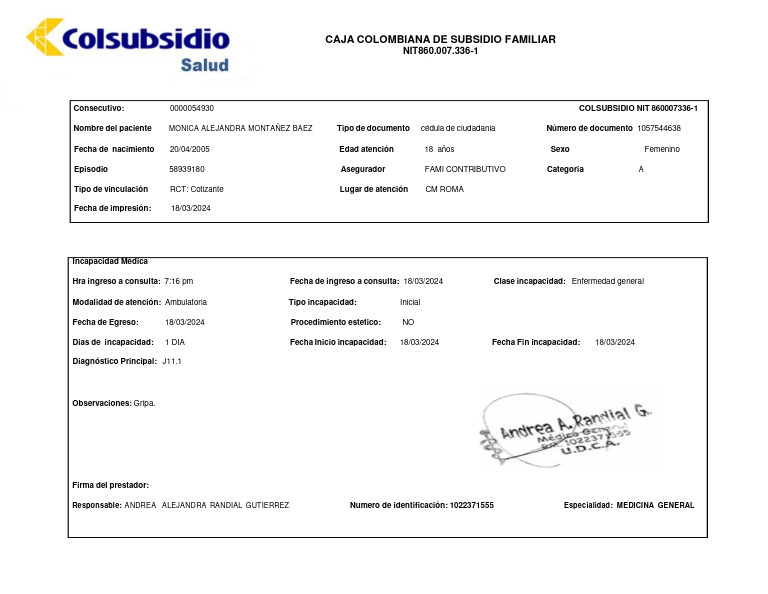 Incapacidad Colsubsidio Paciente Monica | PDF