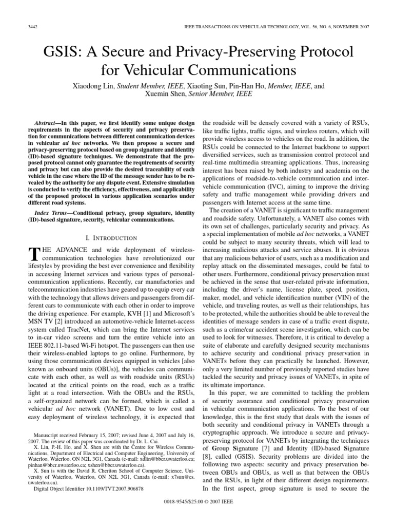 Gsis A Secure and Privacy-Preserving Protocol For Vehicular Communications | PDF ...