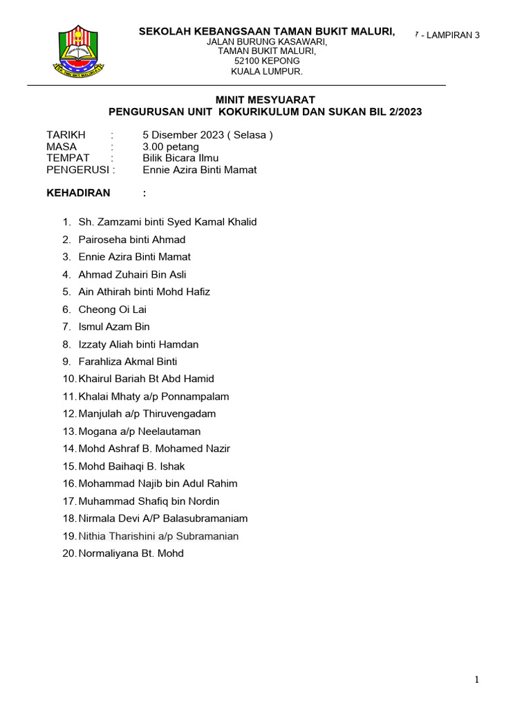 Minit Mesyuarat Koko Kali 2 2023 | PDF