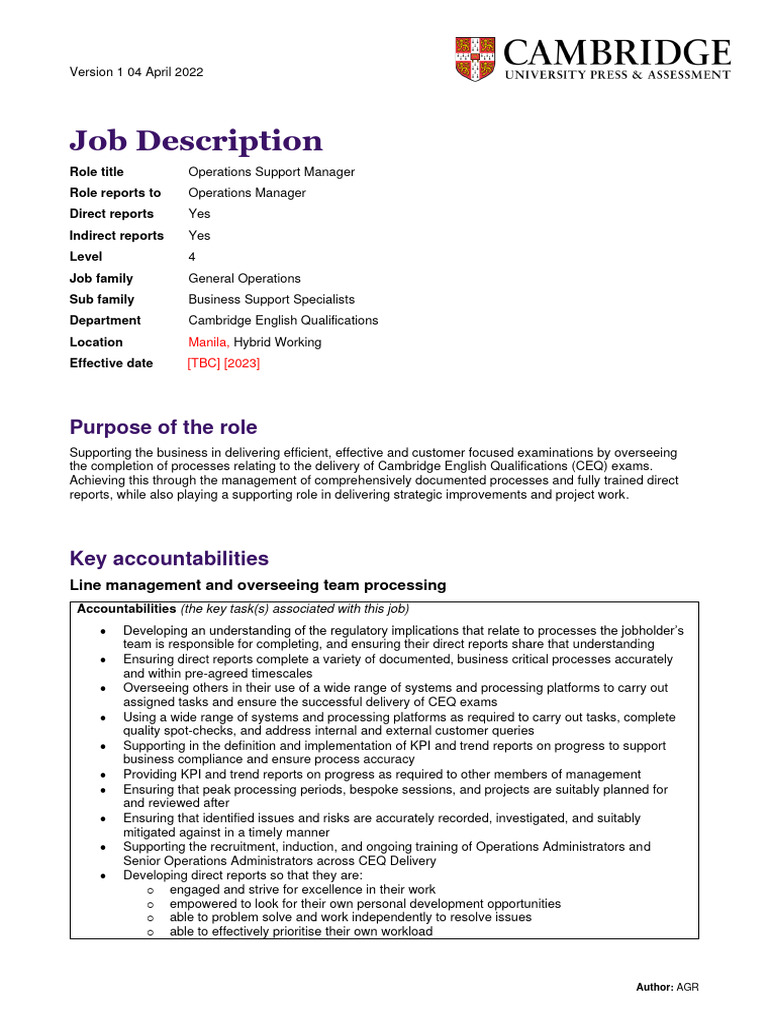 Operations Support Manager Role | PDF | Experience | Risk