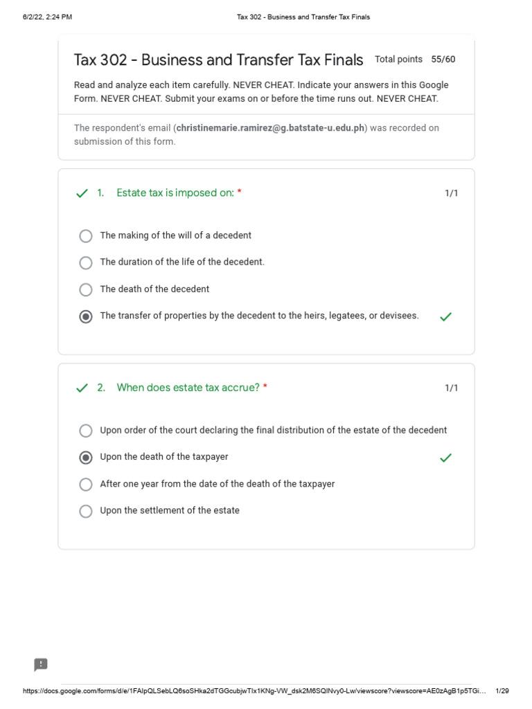 Tax 302 Business and Transfer Tax Finals Answer PDF | PDF | Estate Tax ...