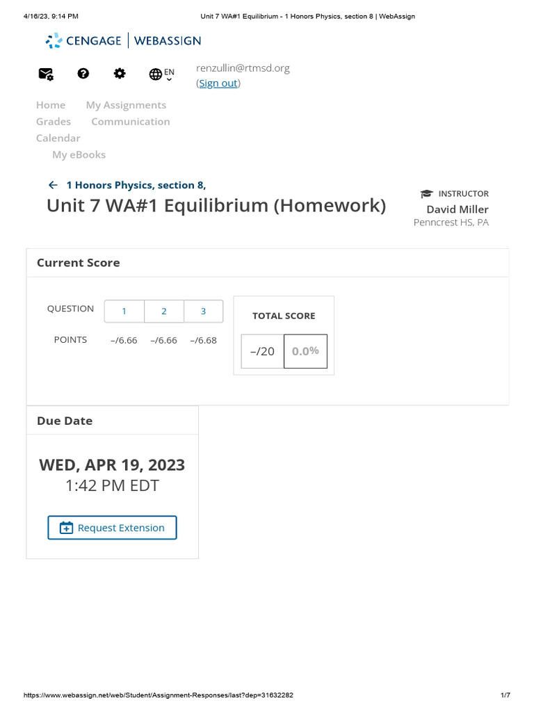 Unit 7 WA#1 Equilibrium - 1 Honors Physics, Section 8 - WebAssign | PDF ...