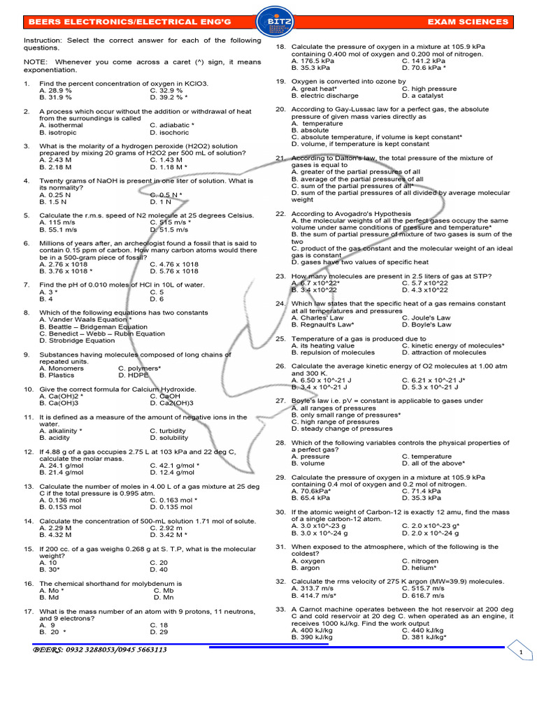 Engineering Exam Prep Questions | PDF | Gases | Mole (Unit)