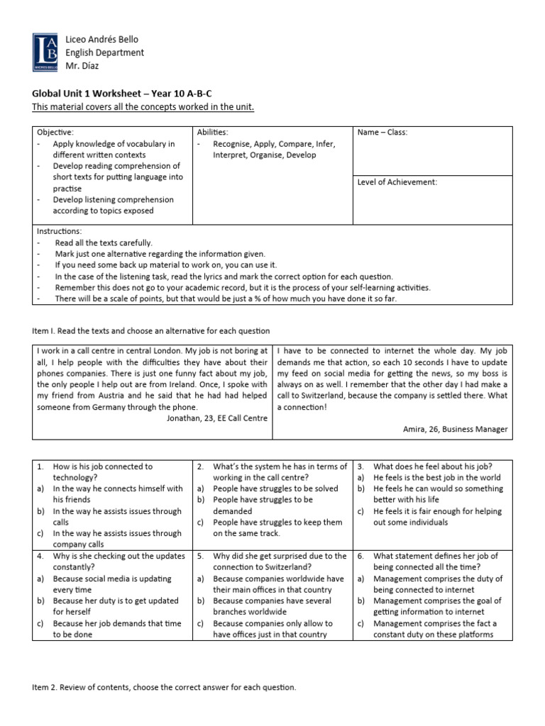 Year 10 A B C 2M Guía Global Unit 1 English | PDF | Reading ...