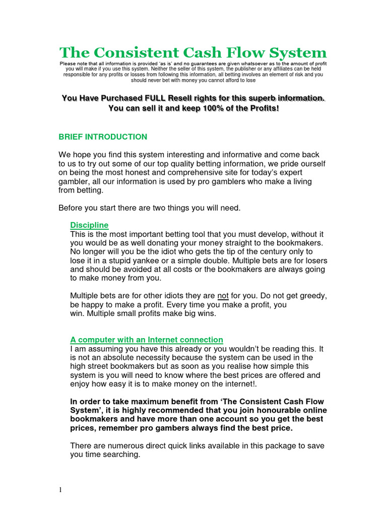 The Consistent Cash Flow System: Brief Introduction | PDF | Odds | Gambling