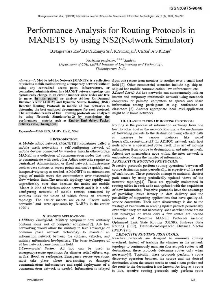 Performance Analysis for Routing Protocols in | PDF | Wireless Ad Hoc Network | Routing