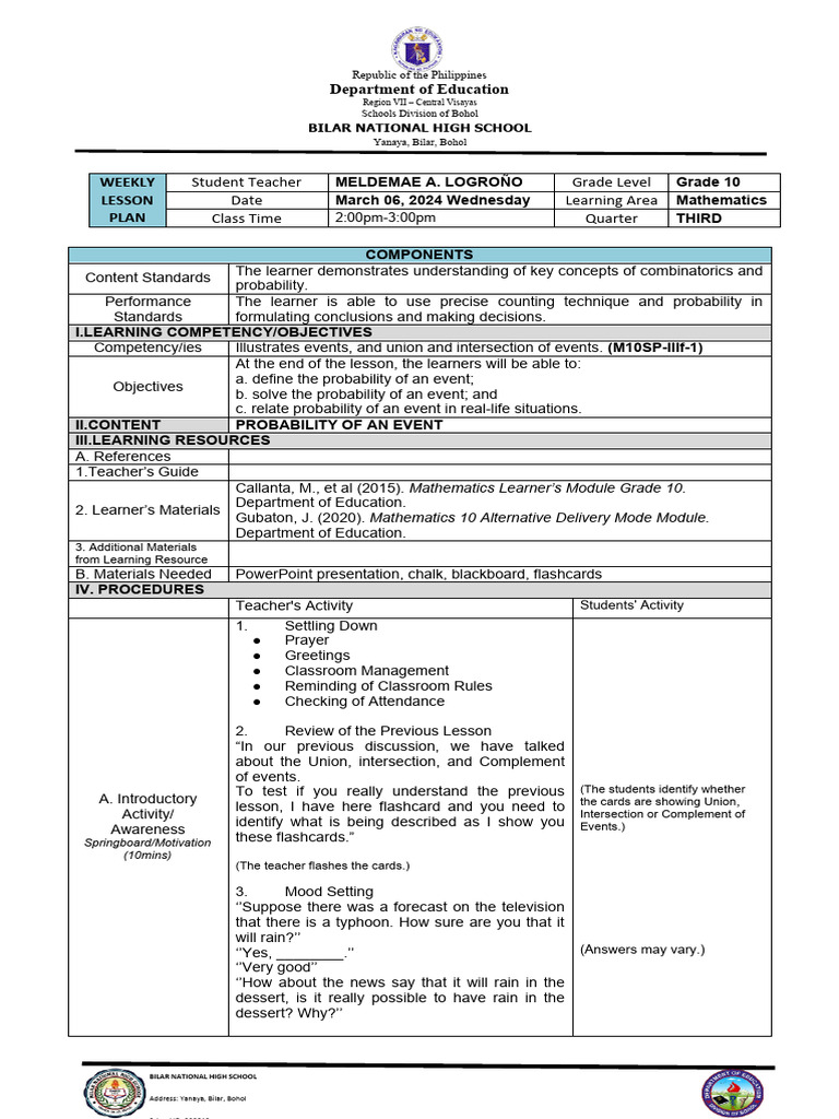 Lesson Plan Probability Of An Event Pdf Probability Learning