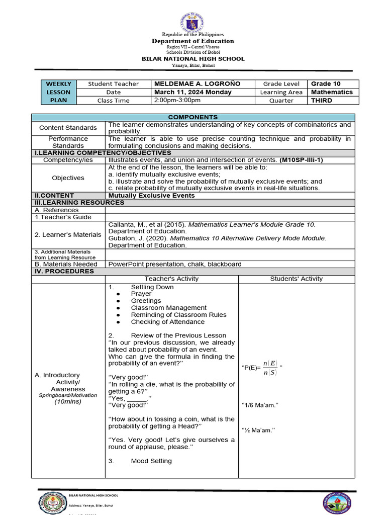 Lesson Plan Mutually Exclusive Events | PDF | Learning | Probability