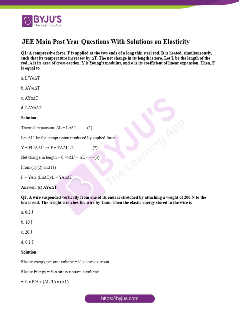 JEE Main Elasticity Previous Year Questions With Solutions PDF | Download Free PDF | Elasticity ...