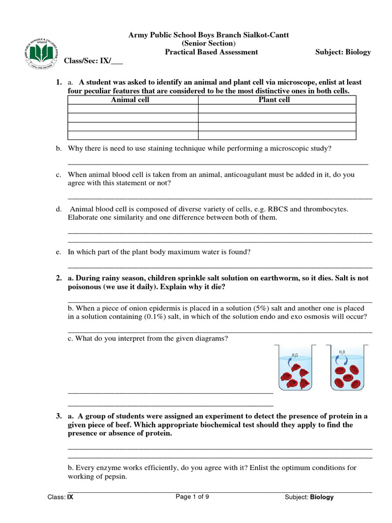 9th Class Biology PBA PAPER | PDF | Tissue (Biology) | Glucose