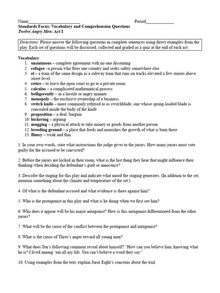 Twelve Angry Men Act I Study Guide | PDF | Hung Jury