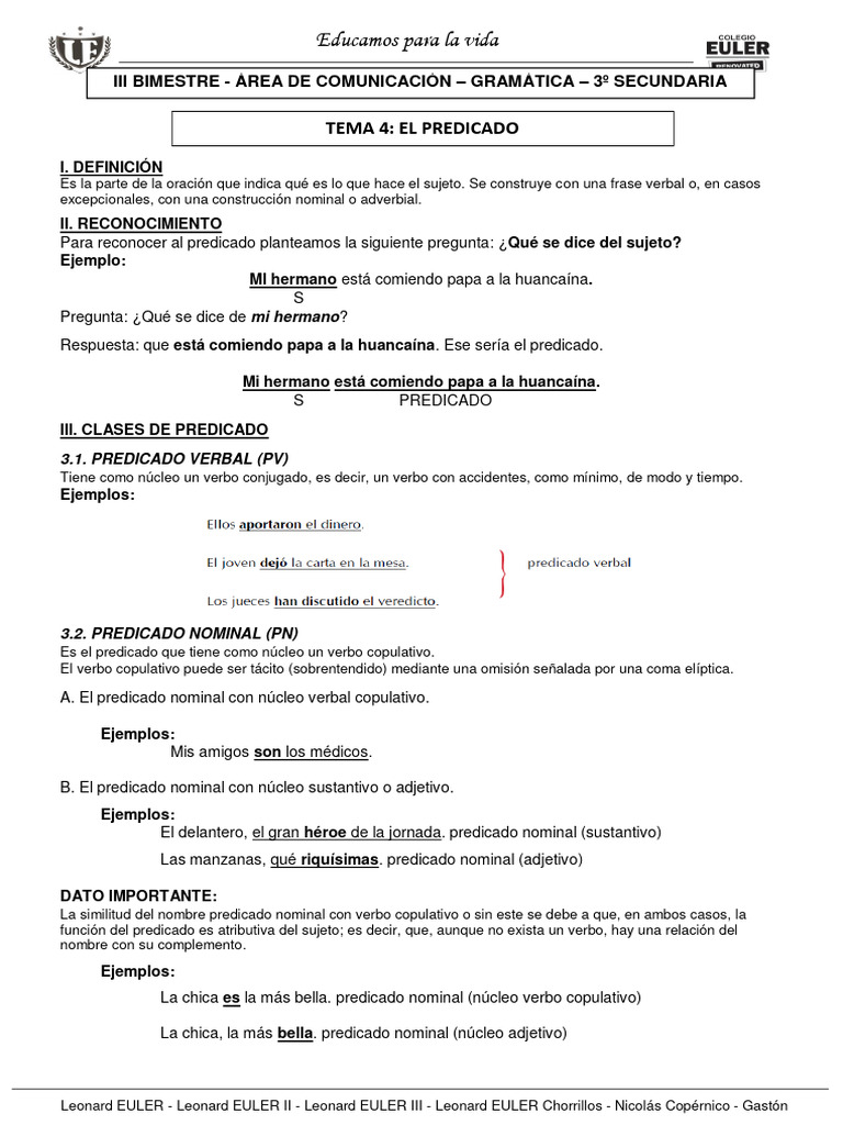 Ficha 4 - 3° Gram | PDF | Predicado (Gramática) | Verbo