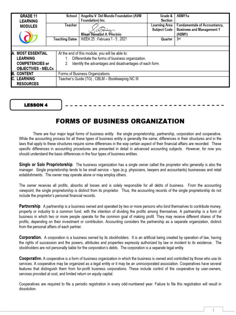 Lesson 4 & 5 FORMS AND TYPES OF BUSINESS | PDF | Partnership | Corporations