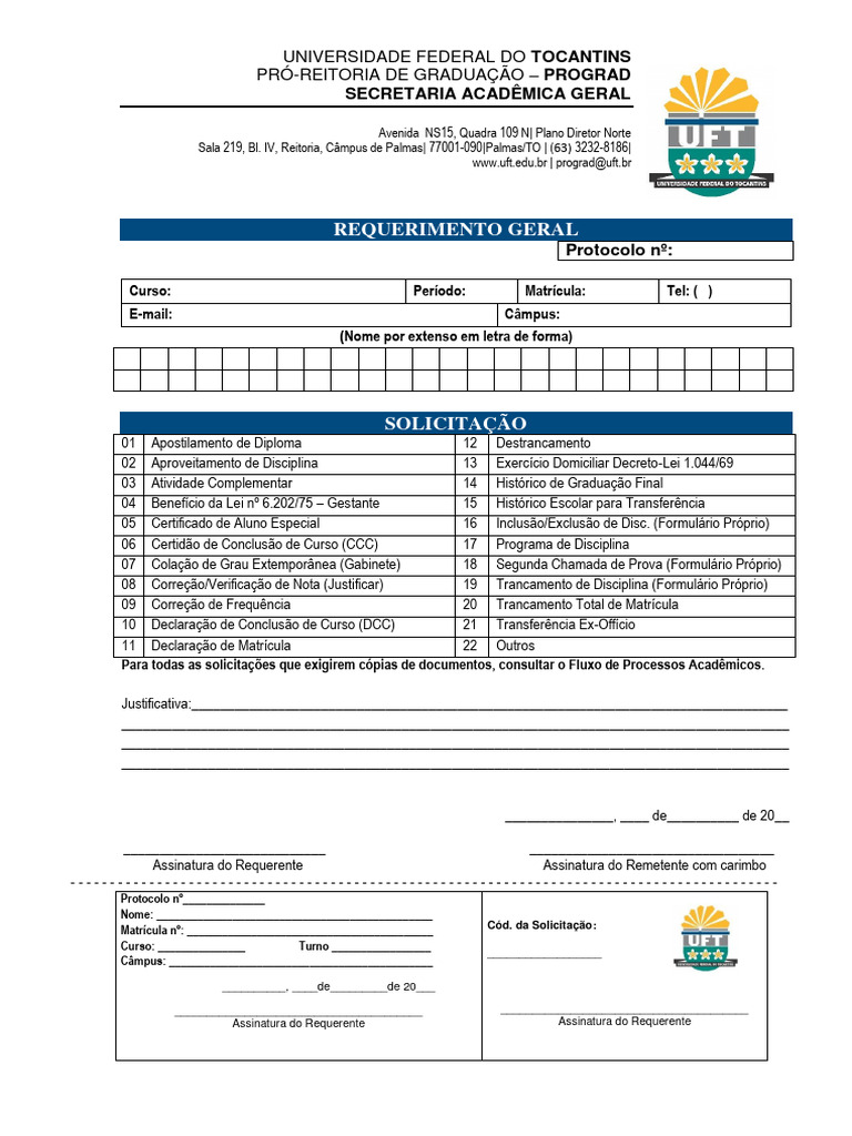 Requerimento Geral da UFT: Formulário Acadêmico | PDF