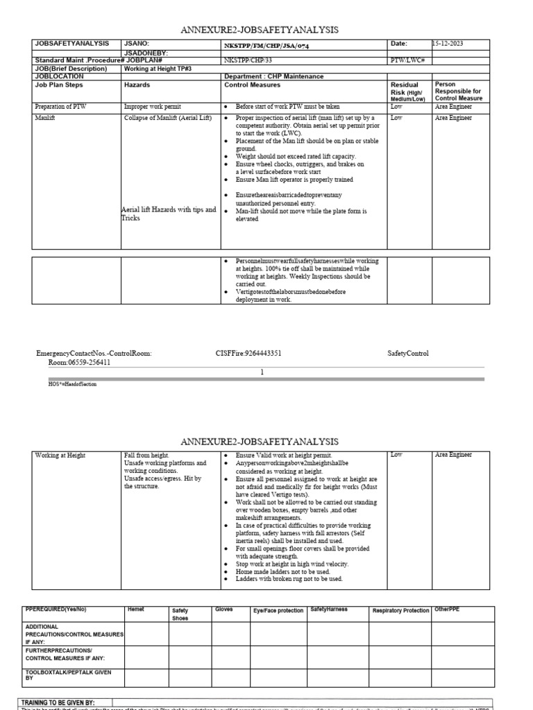 JSA -CHP_Height Permit.docx | PDF | Elevator | Safety