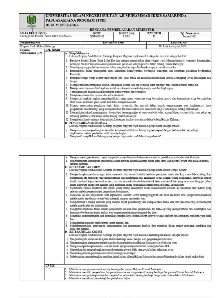 RPS Sem 2 Lembaga Dan Pranata Hukum Islam Di Indonesia - Abnan | PDF