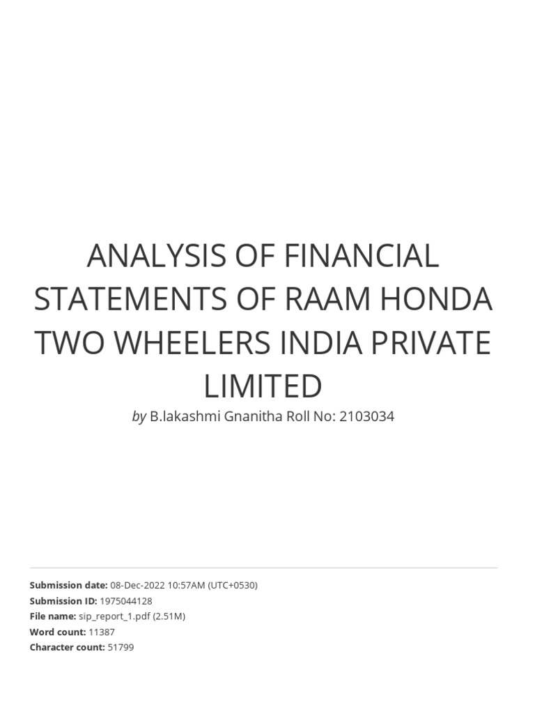 REPORT- ANALYSIS OF FINANCIAL STATEMENTS OF RAAM HONDA TWO WHEELERS ...